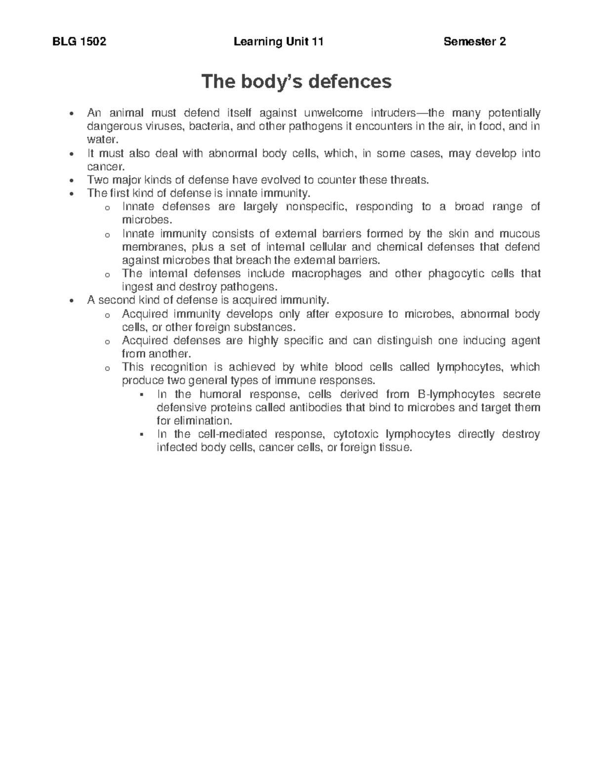 Study unit 11 - The body’s defences - The body’s defences An animal ...