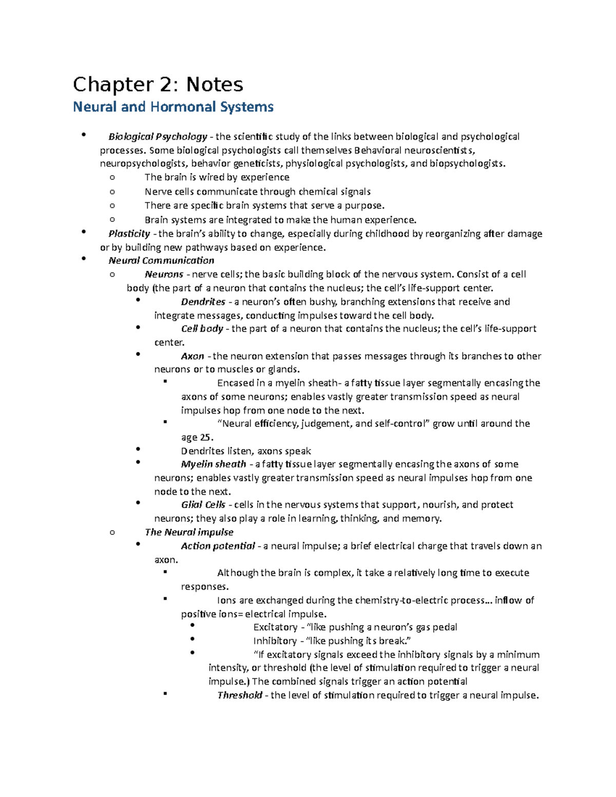 Psych 121- Chapter 2 - Chapter 2: Notes Neural and Hormonal Systems ...