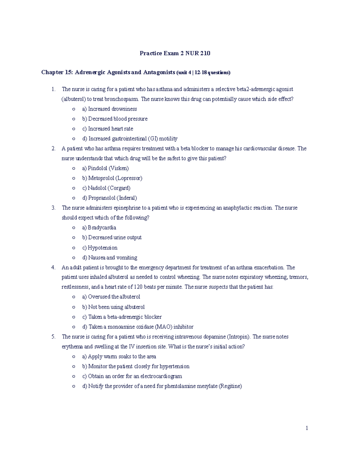 PDF - exam 2 practice nclex questions - Practice Exam 2 NUR 210 Chapter 15 : Adrenergic Agonists ...