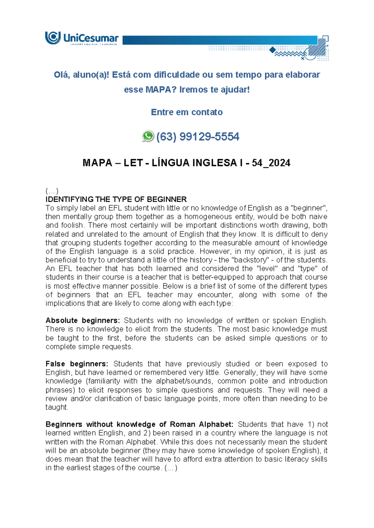 MAPA - LET - LÍNGUA INGLESA I - 54_2024 - Olá, aluno(a)! Está com ...