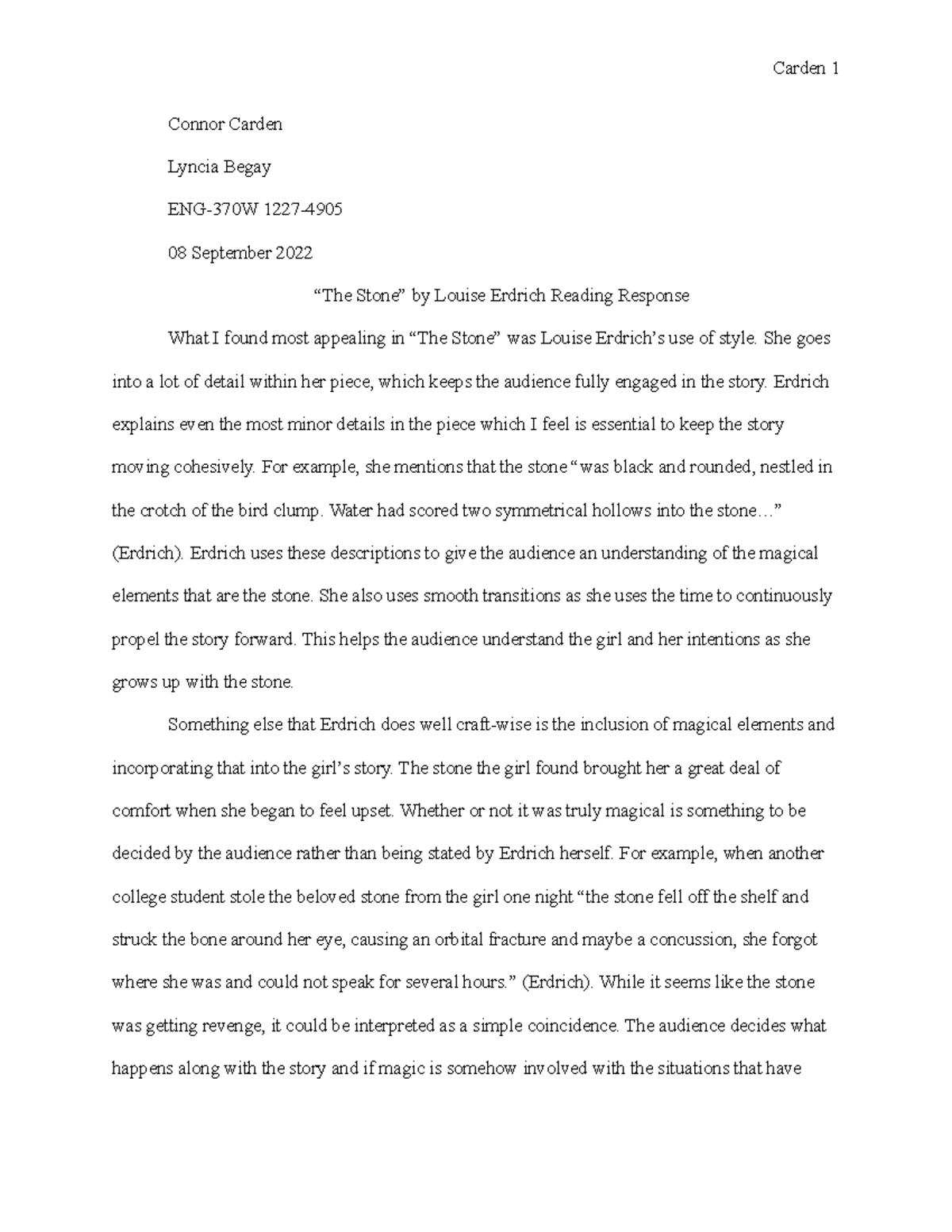 The Stone Reading Response - Carden 1 Connor Carden Lyncia Begay ENG ...