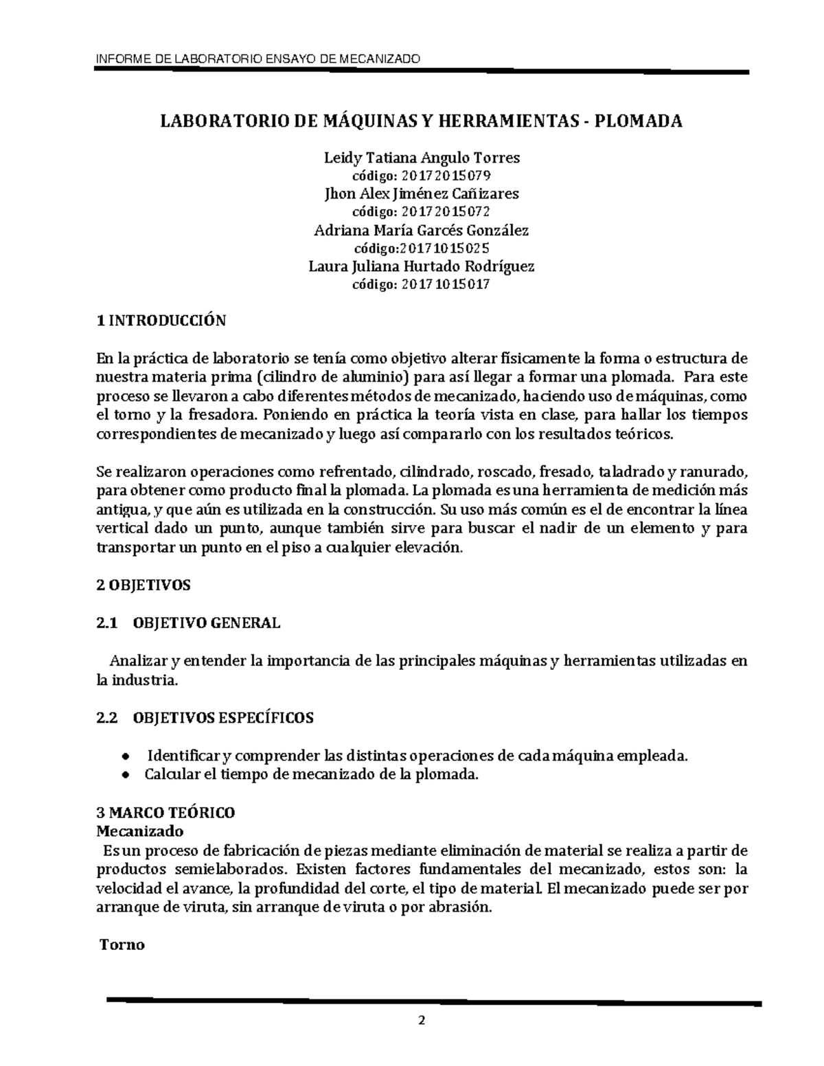 Informe plomada procesos mecánicos-convertido - Warning: TT: undefined function: 32 LABORATORIO ...