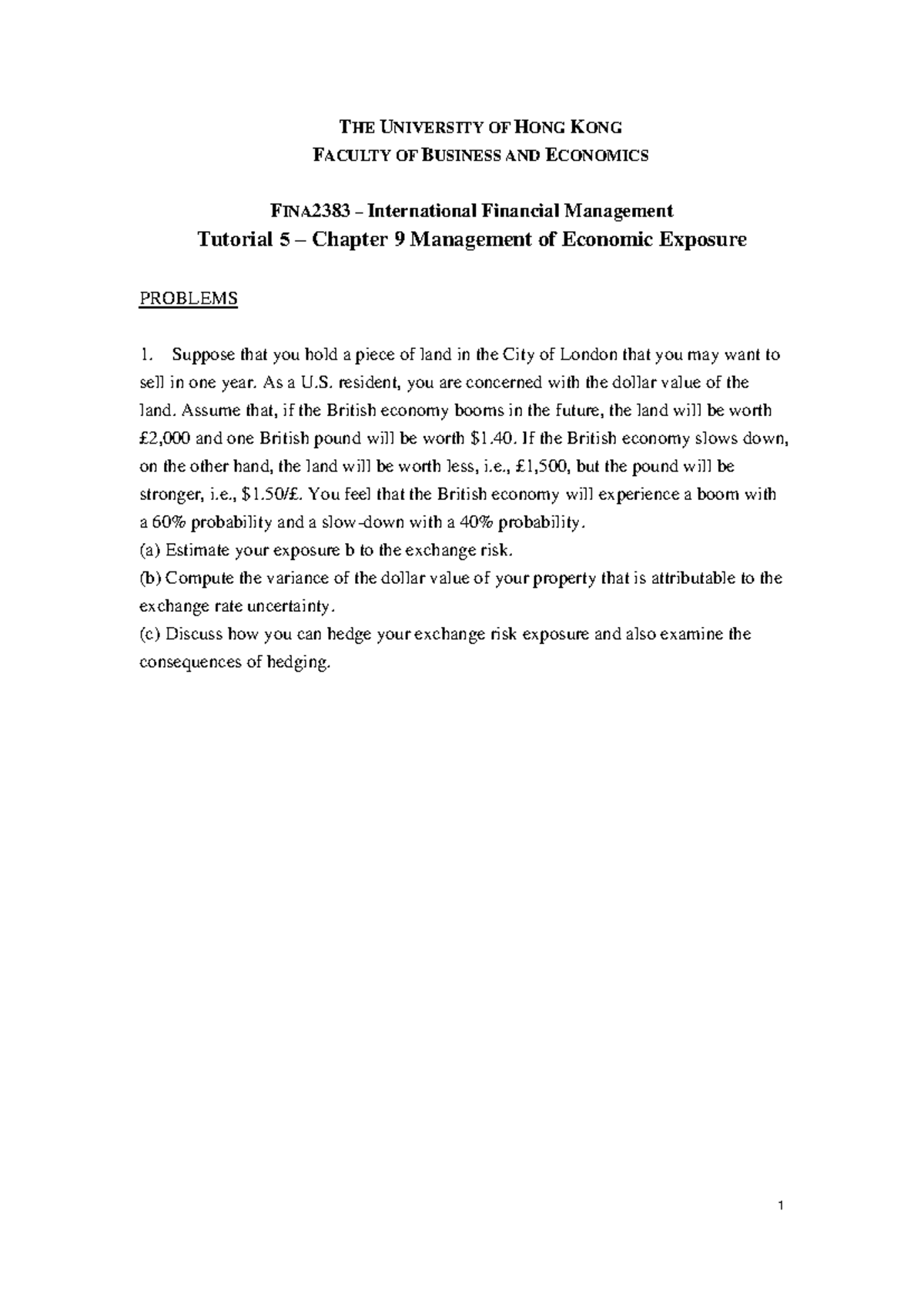FINA2383 Tutorial 5 - THE UNIVERSITY OF HONG KONG FACULTY OF BUSINESS ...