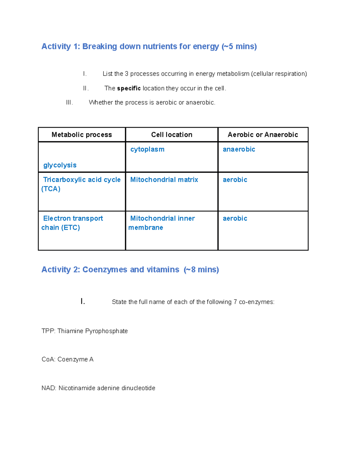 Tutorial 10 - Activity 1: Breaking down nutrients for energy (~5 mins ...