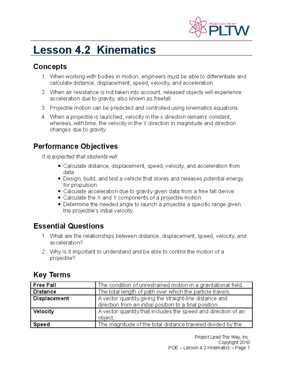 L4 2Kinematics - yep - Lesson 4 Kinematics Concepts When working with ...