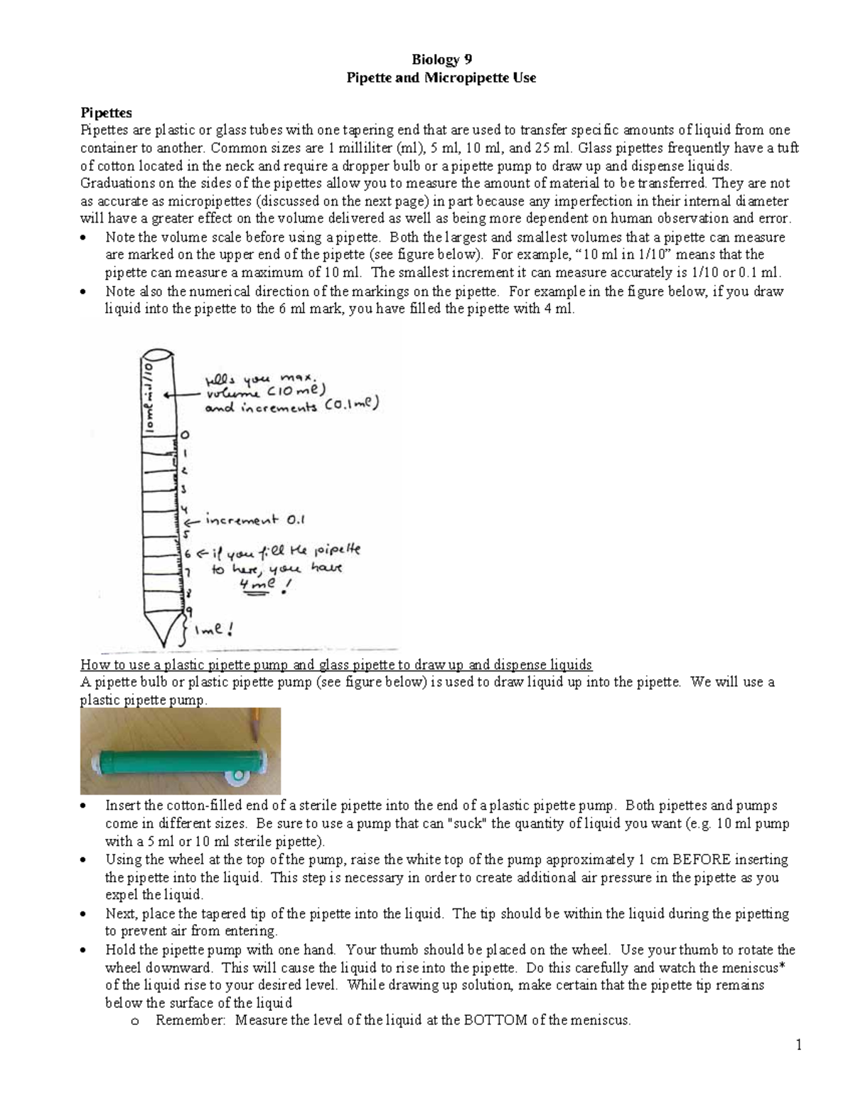 Pipette Use Guide for Biology - Biology 9 Pipette and Micropipette Use ...