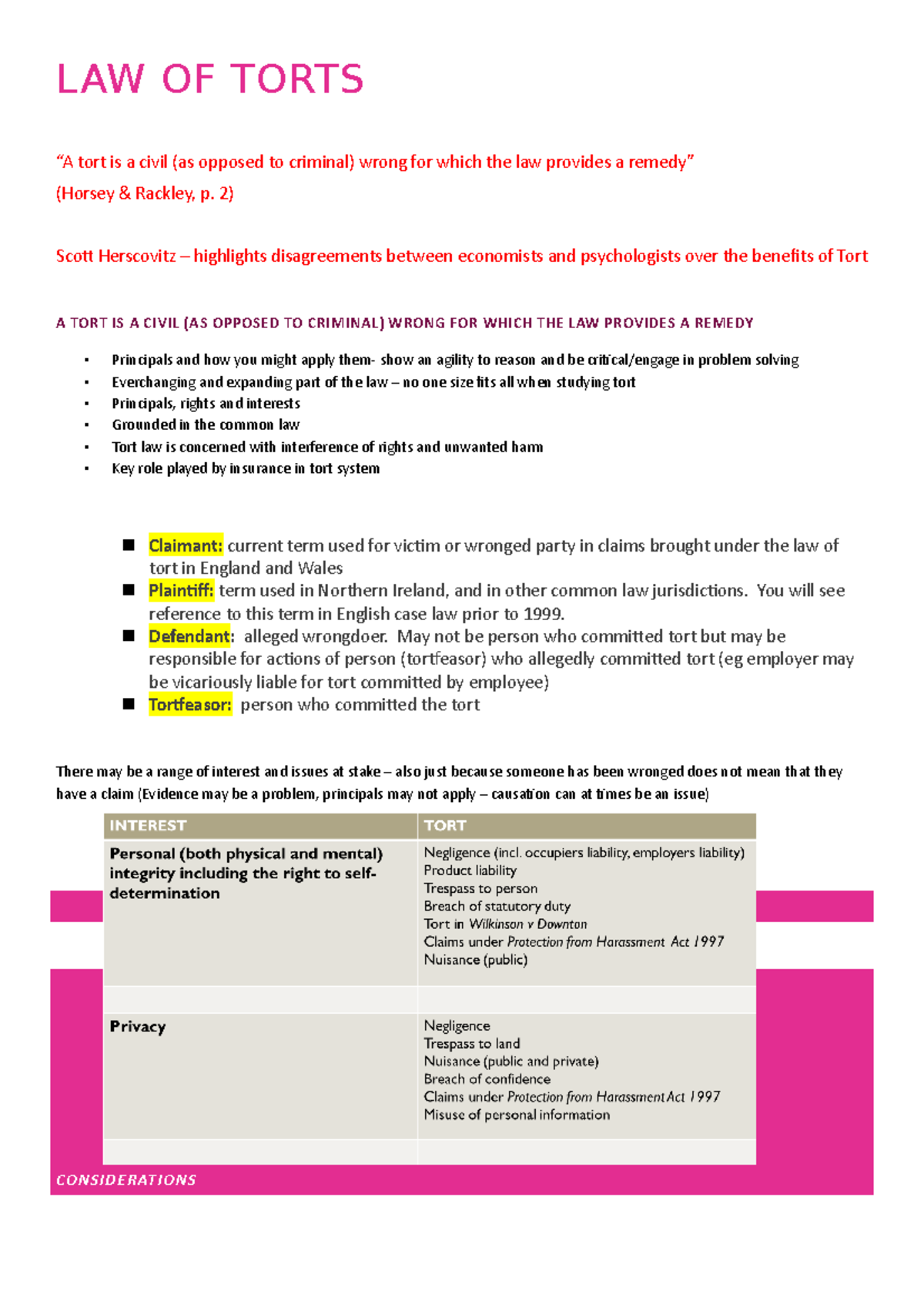Notes Torts - LAW OF TORTS “A tort is a civil (as opposed to criminal ...