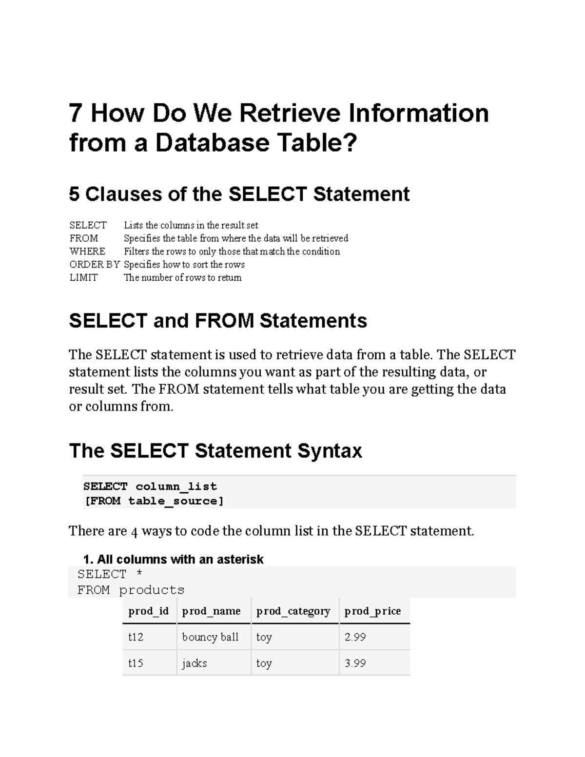 7 How Do We Retrieve Information from a Database Table - The SELECT ...