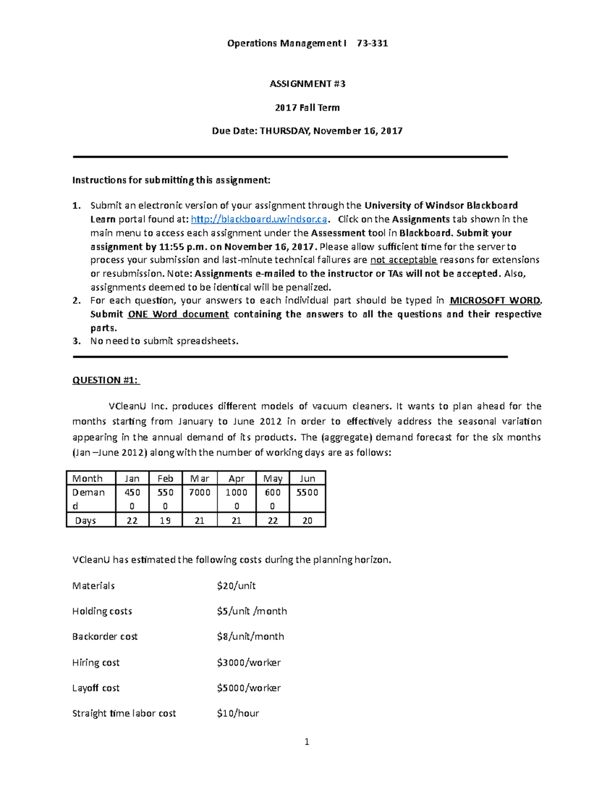 73-331-02-03 Assignment#3 F17 - Operations Management I 73-331 ...