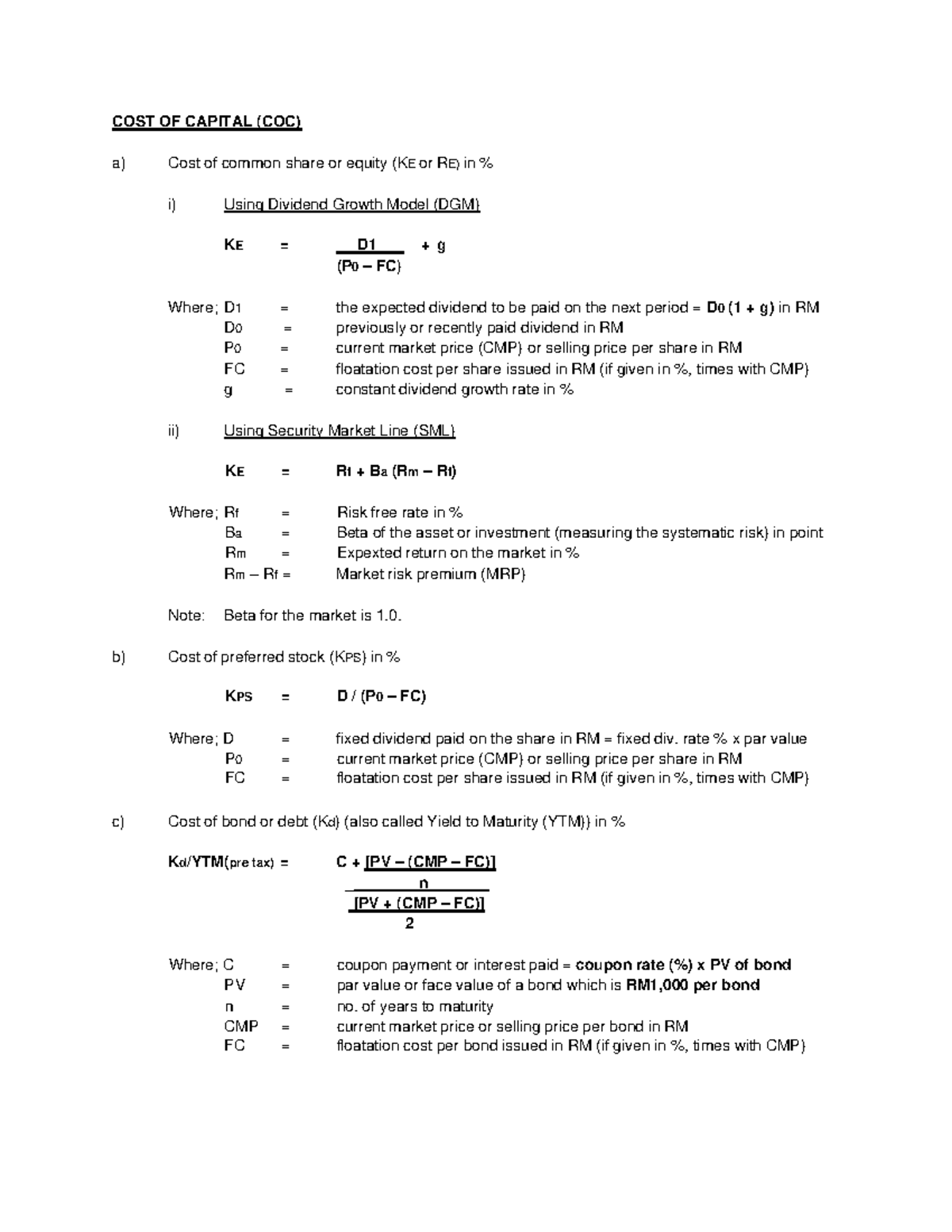 Chapter 10 Cost of Capital Formula FIN430 - COST OF CAPITAL (COC) a ...