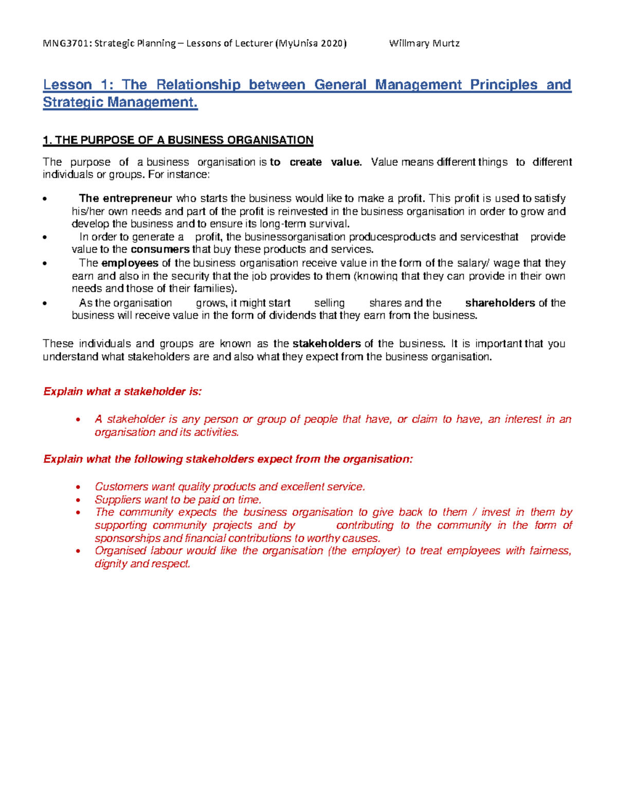 MNG3701 Strategic Planning Summaries - Lesson 1: The Relationship between General Management ...