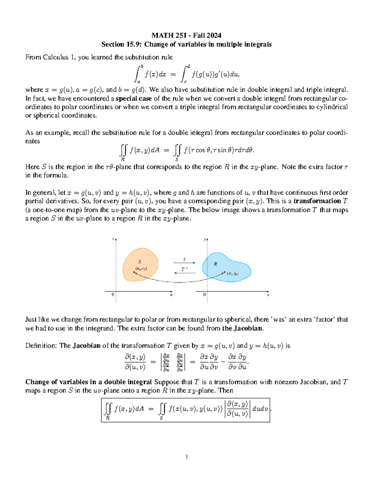 Notes 15 - MATH 251 - Fall 2024 Section 15: Change of variables in ...