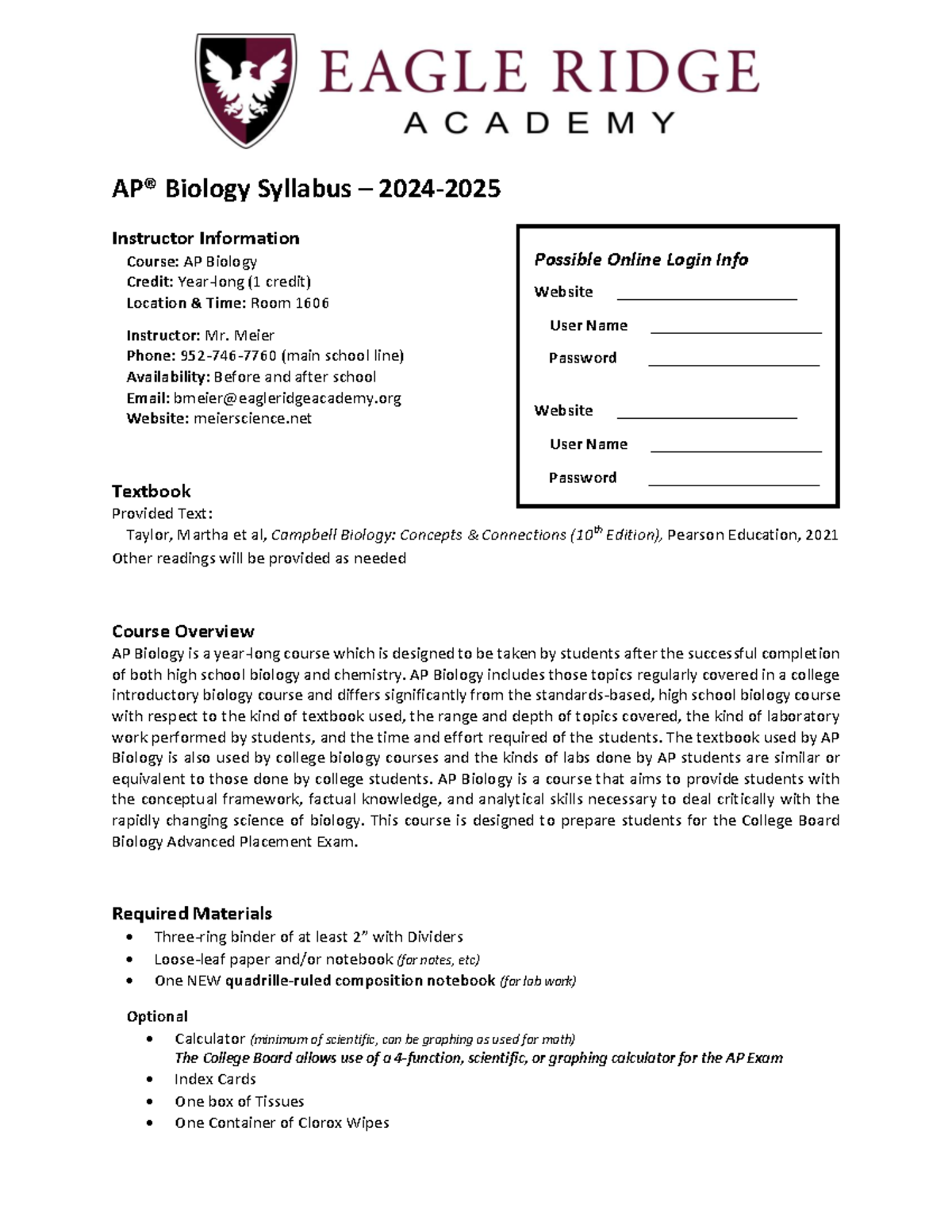 2024-2025 AP Biology Syllabus - AP® Biology Syllabus – 2024 - 2025 ...