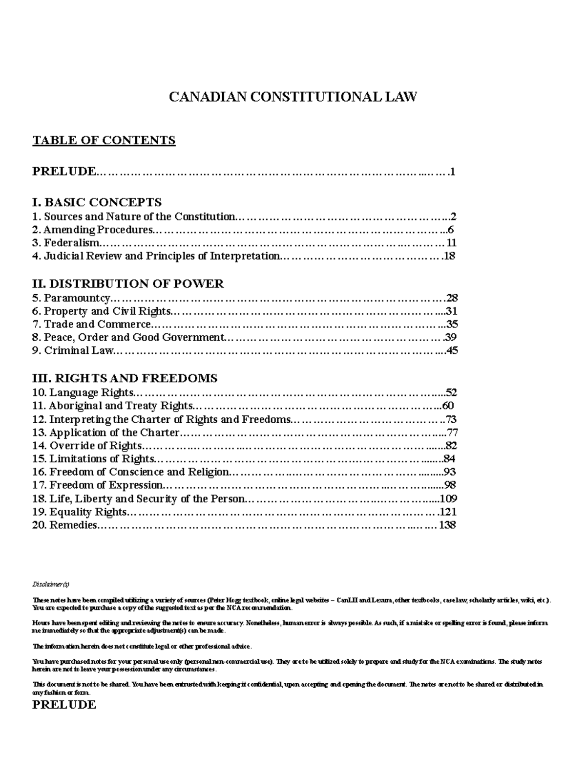 1. Canadian Constitutional Law Master Notes - CANADIAN CONSTITUTIONAL ...
