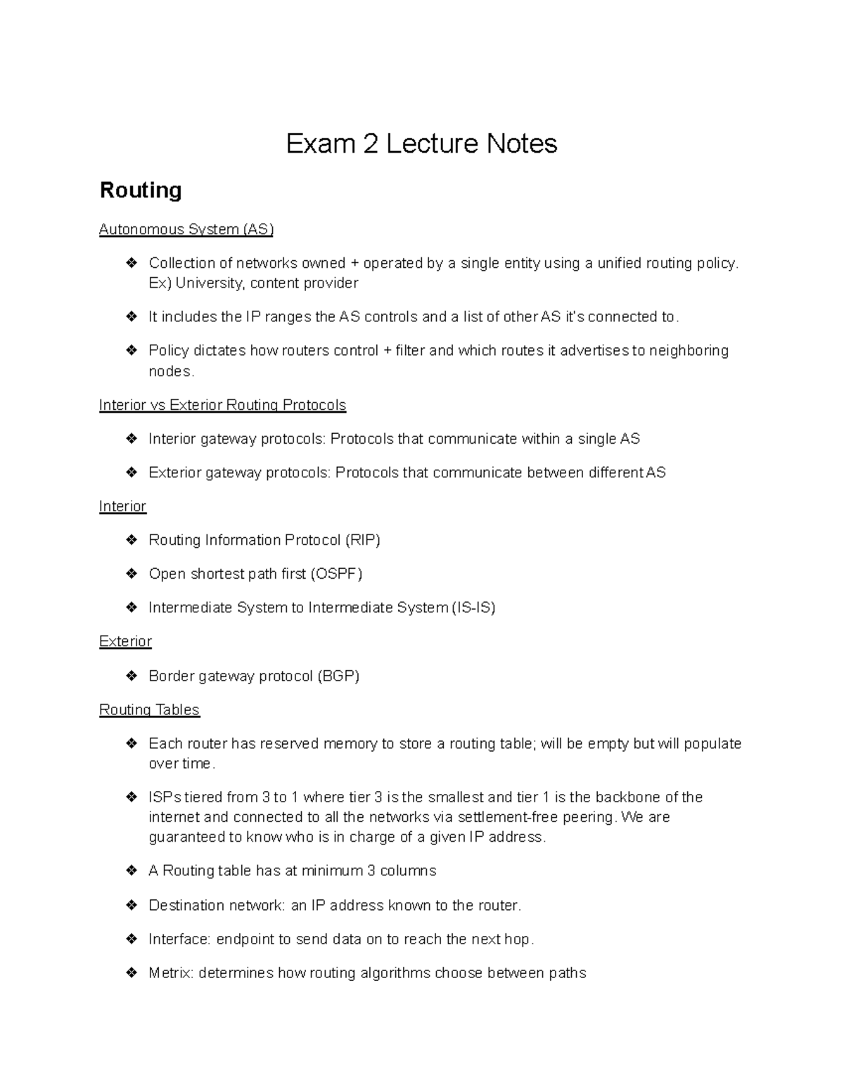 Exam 2 Notes - Exam 2 Lecture Notes Routing Autonomous System (AS ...