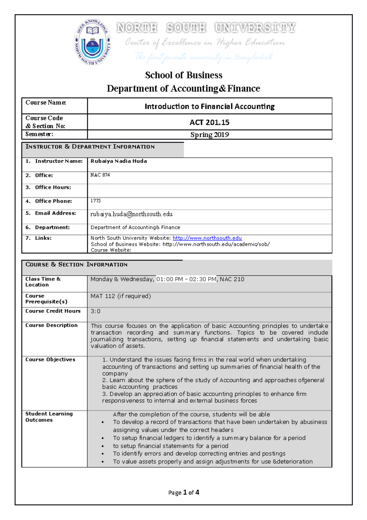 ACT 201 course outline Spring 2019LMAO - School of Business Department ...