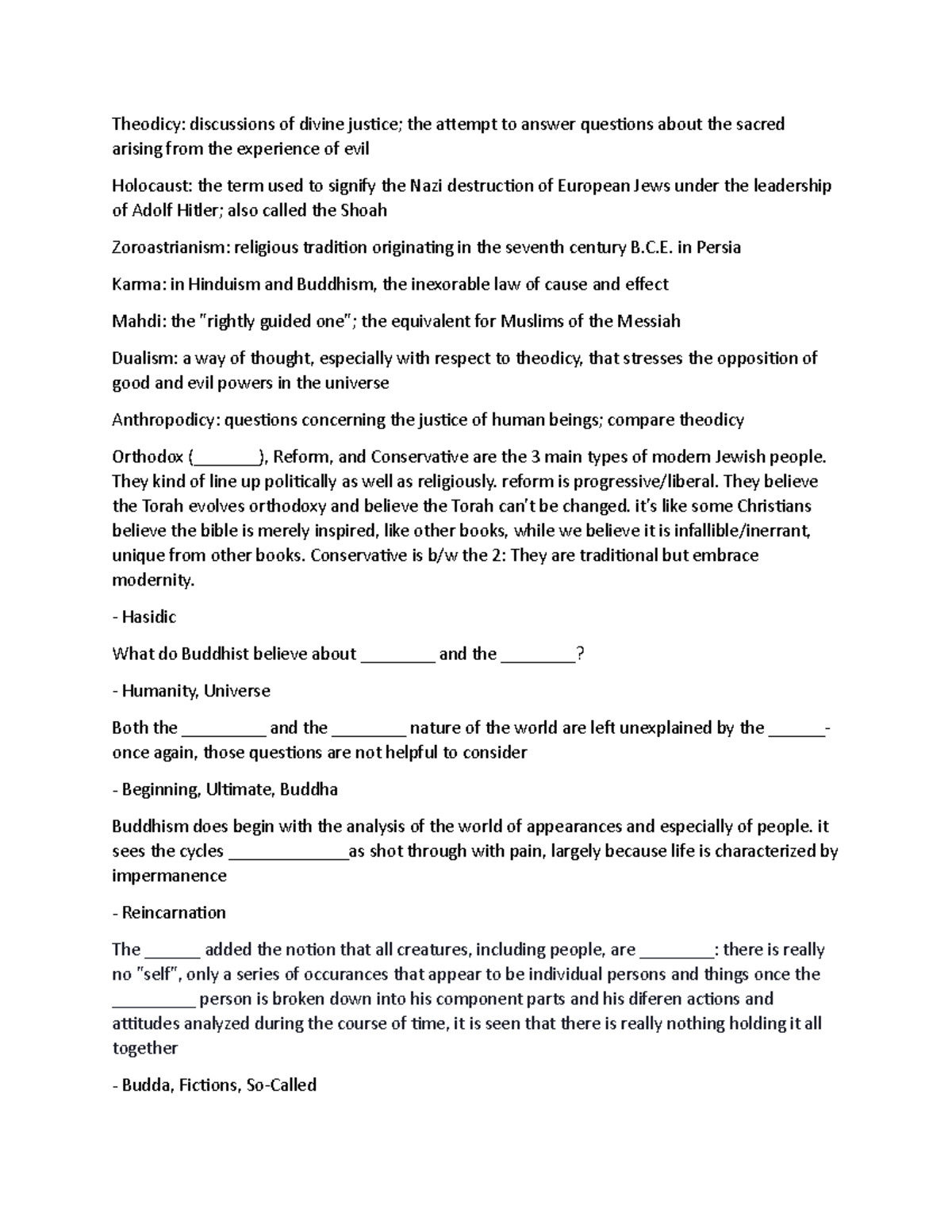Intro to religion week 7 - Theodicy: discussions of divine justice; the ...