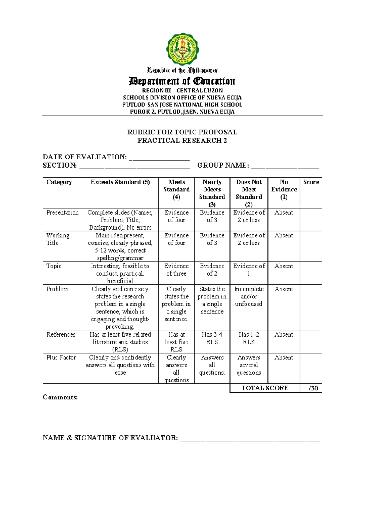 Rubic for Title Proposal - Republic of the Philippines Department of ...
