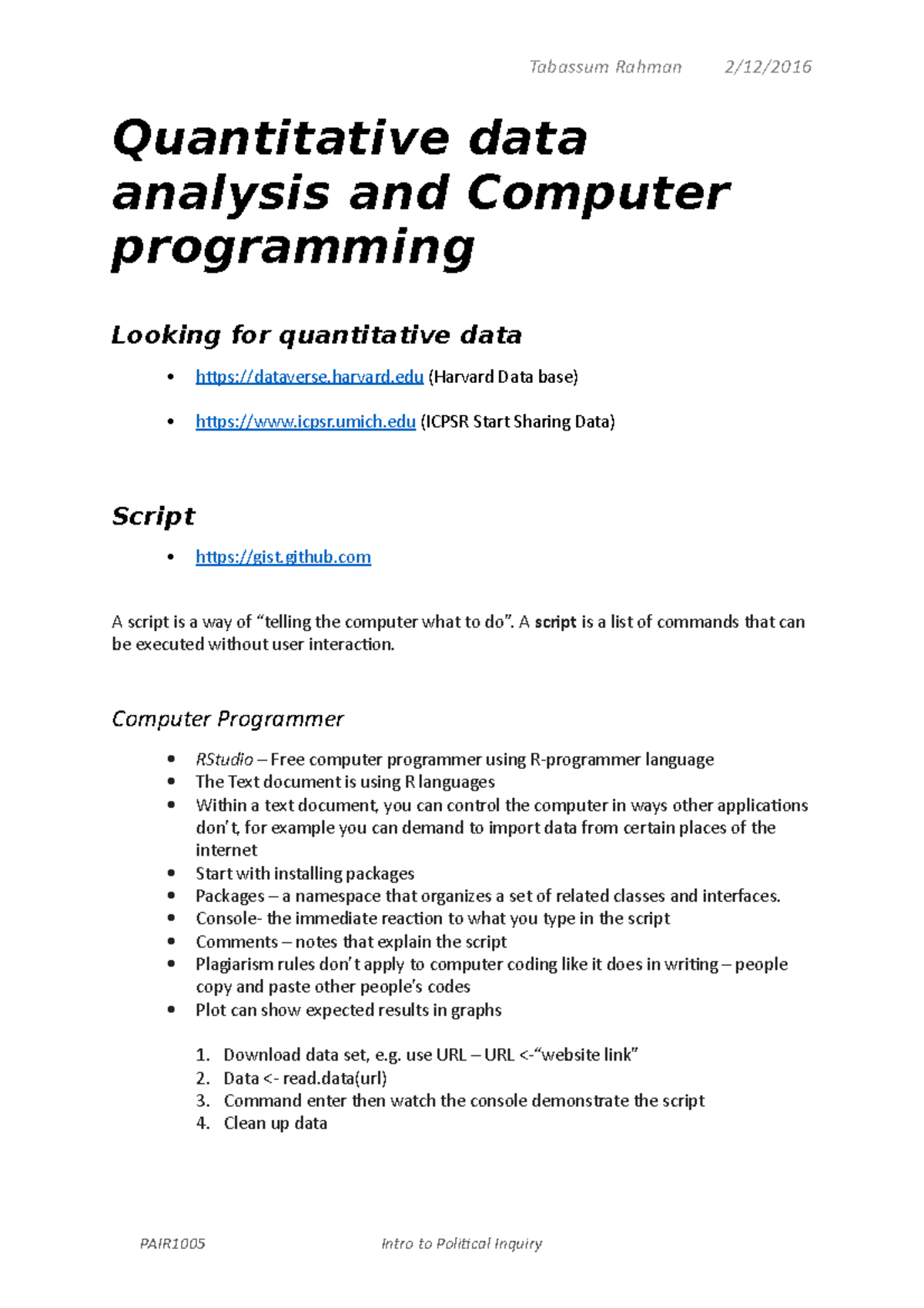 Quantitative data analysis and Computer programming - Tabassum Rahman 2 ...