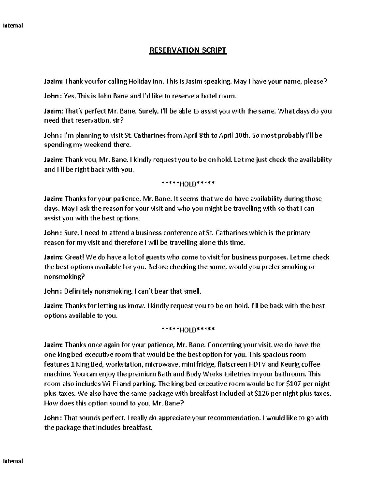 Reservation Script - Internal Internal RESERVATION SCRIPT Jazim: Thank ...