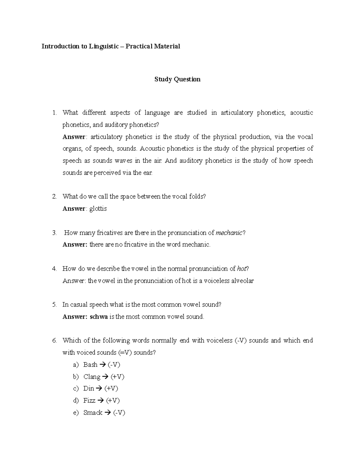 Practical Material - Phonetic - Introduction to Linguistic – Practical Material Study Question ...