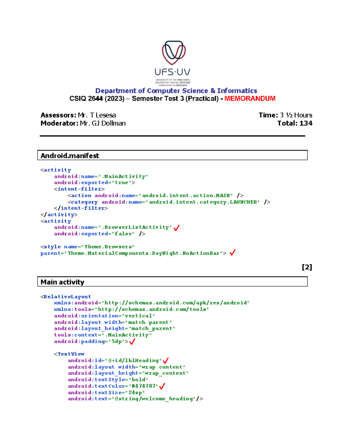 CSIQ2644 Semester Test 3 2023 Memorandum - Department of Computer ...