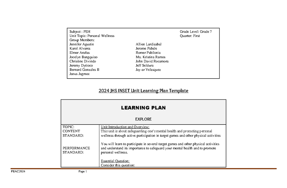 HO45-S8 2024 PEH Learning-Plan-Sample-Gr7-Qtr1 - 2024 JHS INSET Unit Learning Plan Template ...
