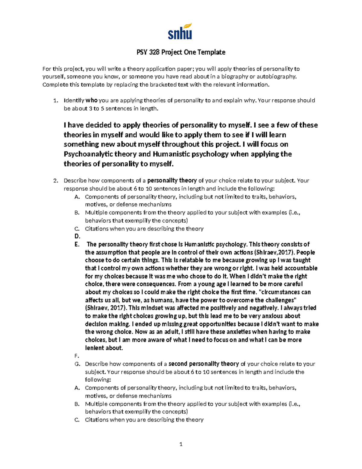 PSY 328 Project One Template - PSY 328 Project One Template For this ...