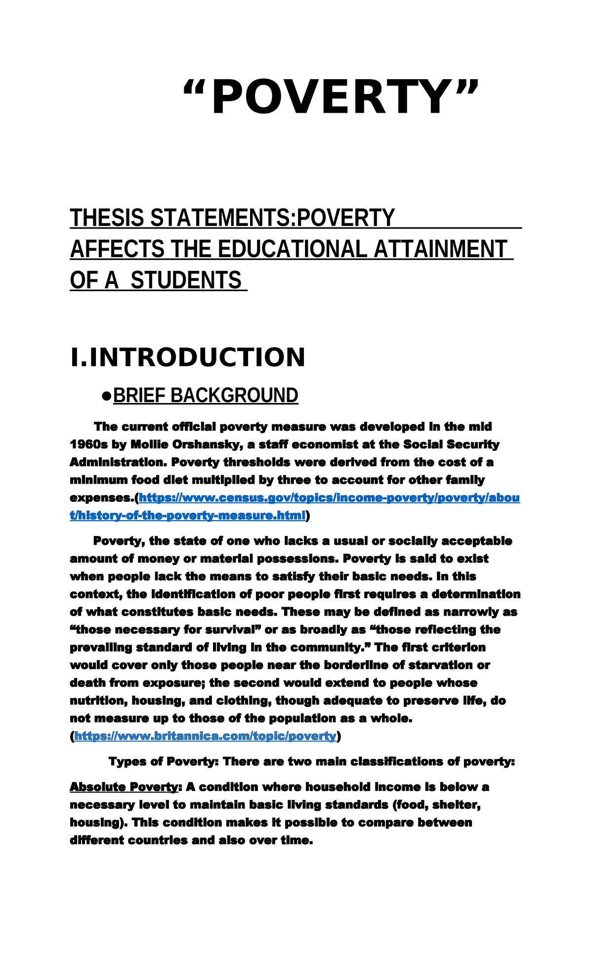 Research IN ENG 10 - “POVERTY” THESIS STATEMENTS:POVERTY AFFECTS THE ...
