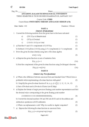 2018 Dec. CS203-E-1 - Switching theory question paper - C R3925 Pages: 2 Page 1 of 2 Reg - Studocu