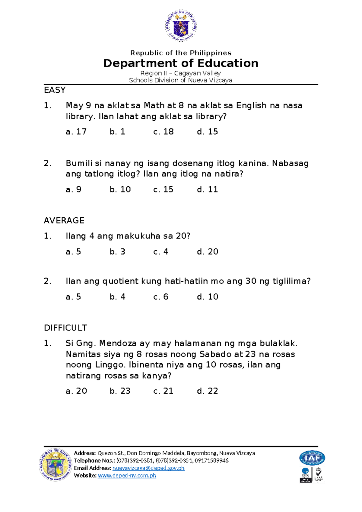 Pre Test Math Grade 2 - Department of Education Region II – Cagayan ...