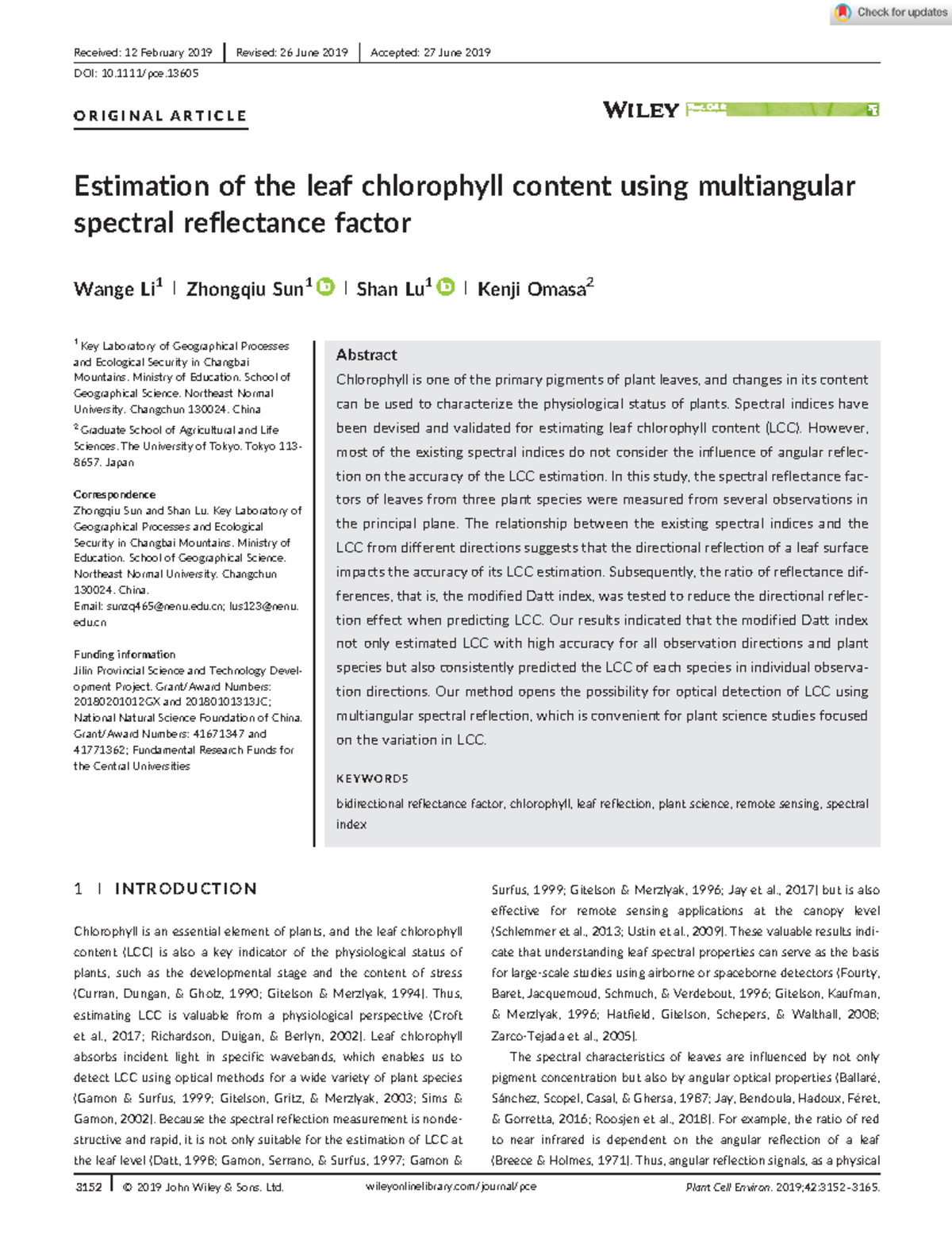 Plant Cell Environment - 2019 - Li - Estimation of the leaf chlorophyll ...
