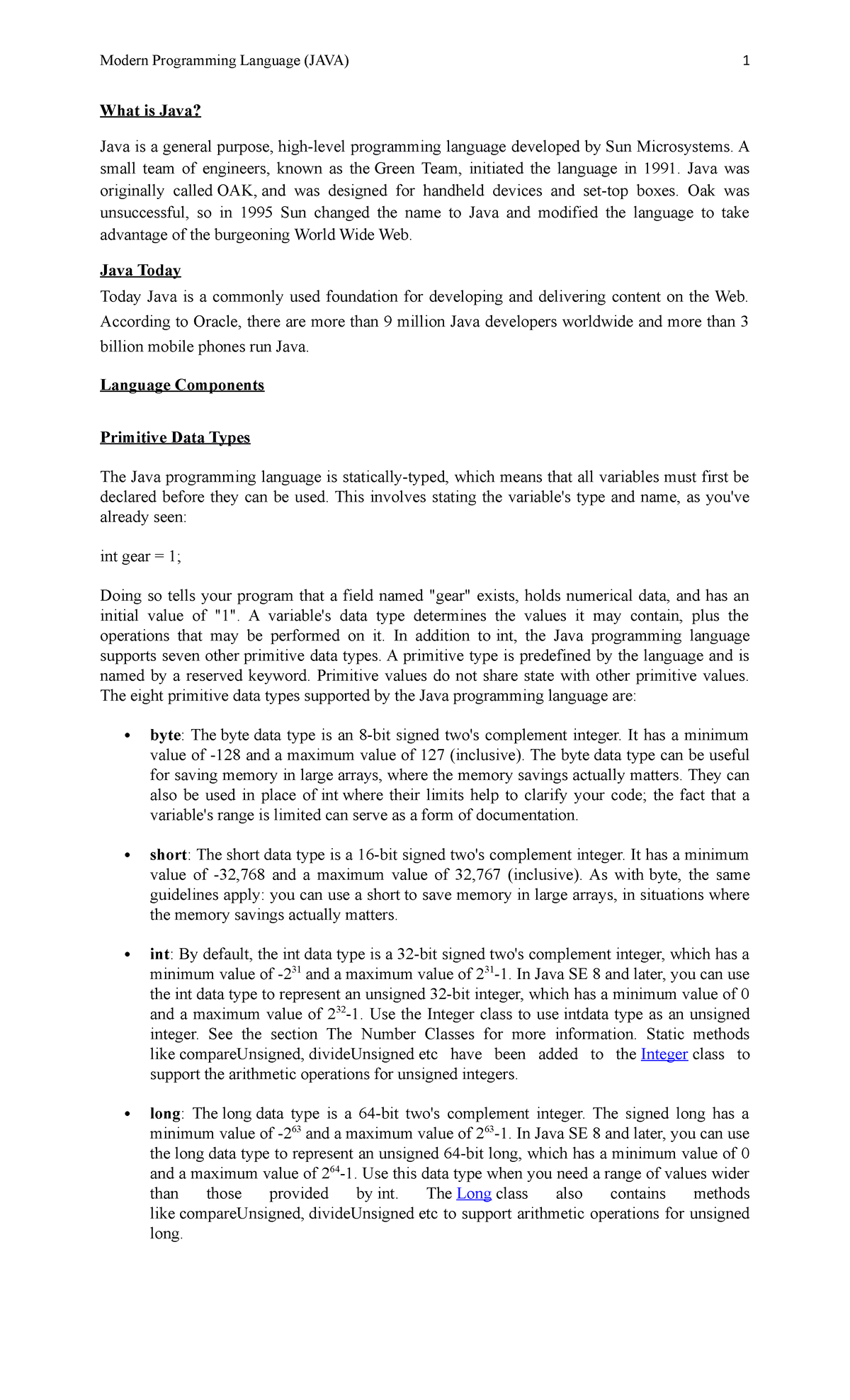 1 Notes On Language Components What Is Java Java Is A General