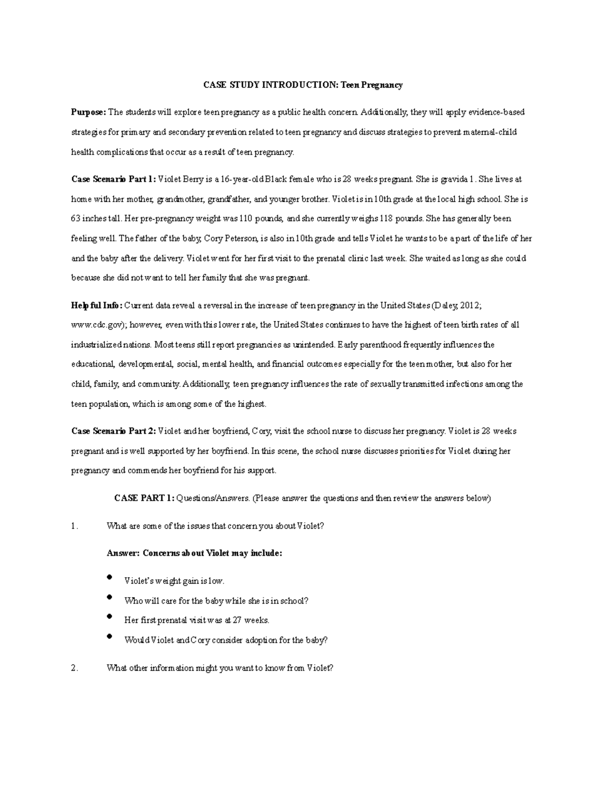 Teen Pregnancy Case Study - CASE STUDY INTRODUCTION: Teen Pregnancy ...