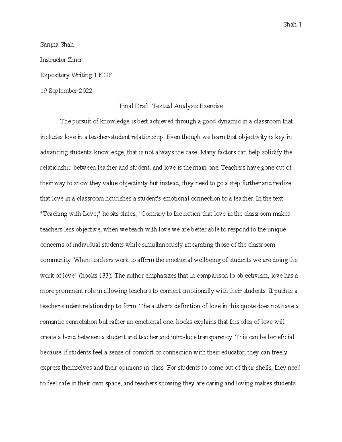 Final draft textual analysis exercise - Sanjna Shah Instructor Ziner Expository Writing 1 KGF 19 ...