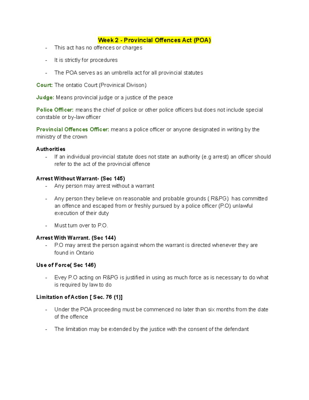 Provinical Legislation - Week 2 - Provincial Offences Act (POA) This ...