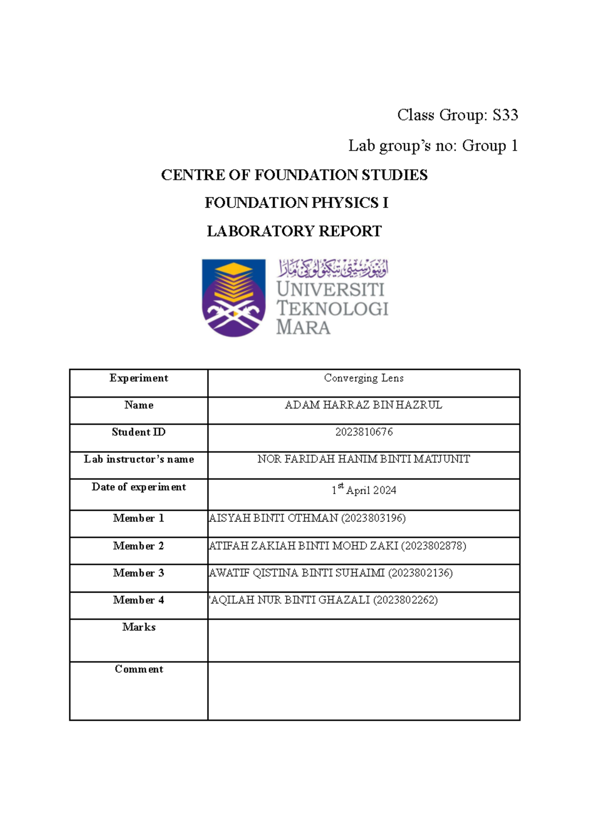 Lab report physic convex lens - Class Group: S Lab group’s no: Group 1 CENTRE OF FOUNDATION ...