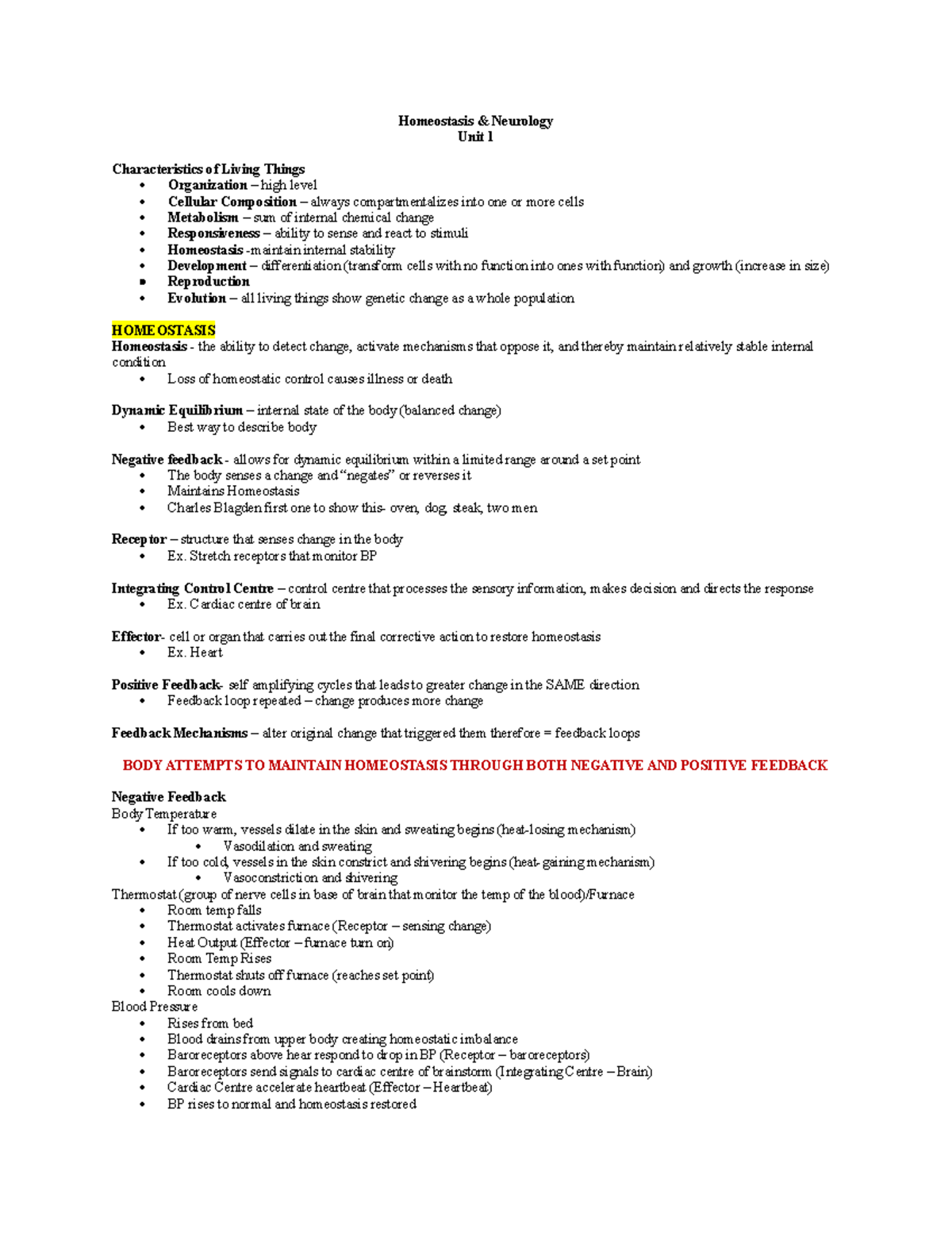 Homeostasis & Neurology - Unit 1 - Homeostasis & Neurology Unit 1 ...