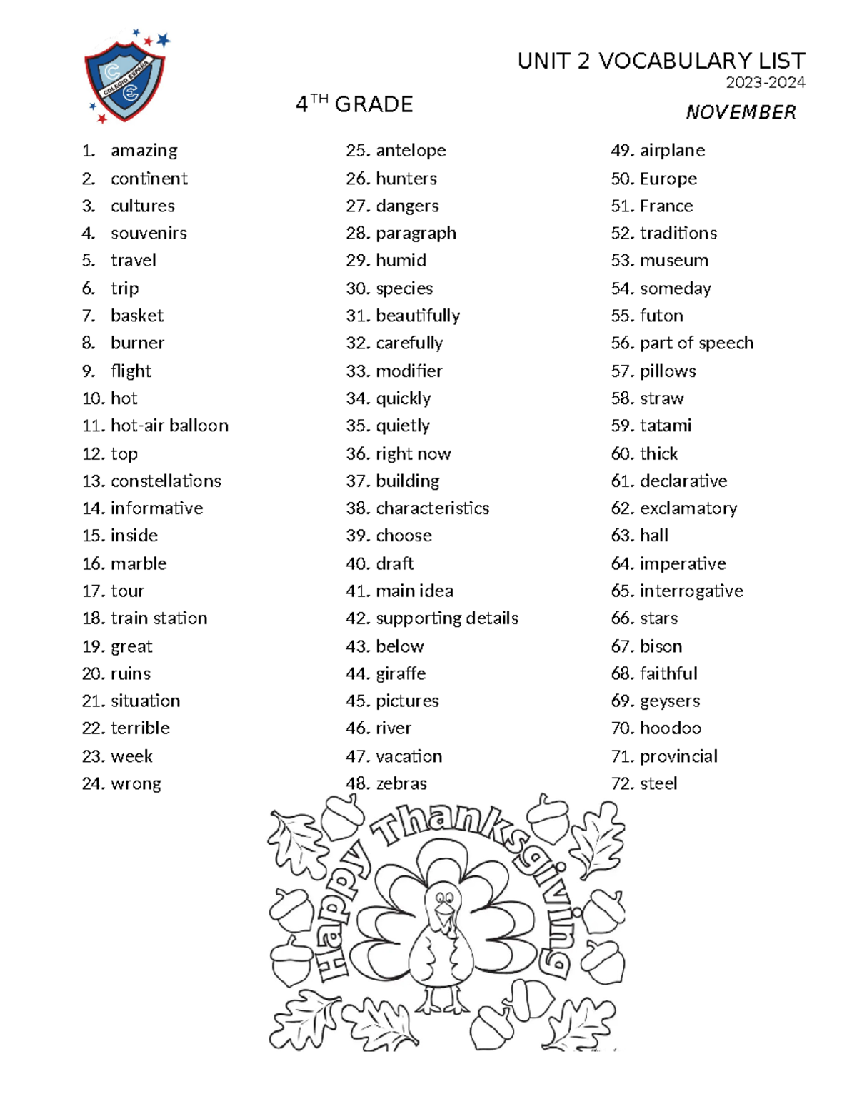 VOC november 4th - SPELLING - NOVEMBER UNIT 2 VOCABULARY LIST 2023- 4 ...
