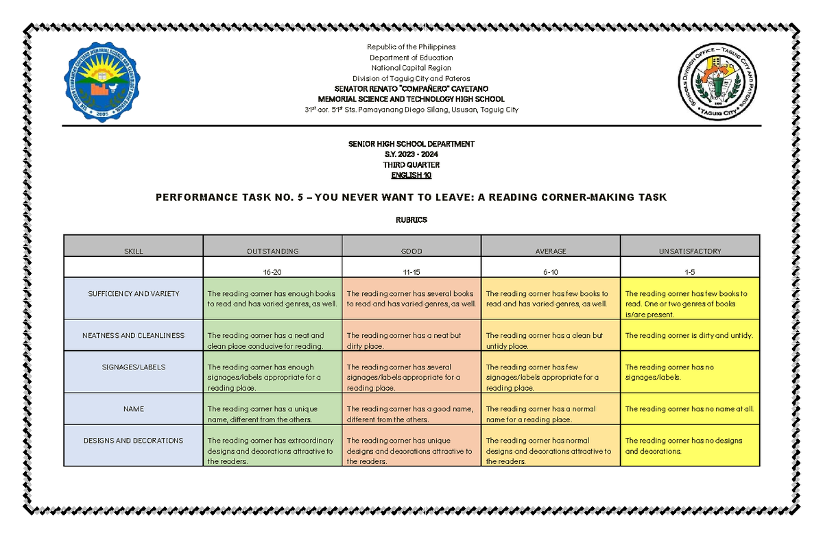 Performance TASK Reading Corner - Republic of the Philippines ...