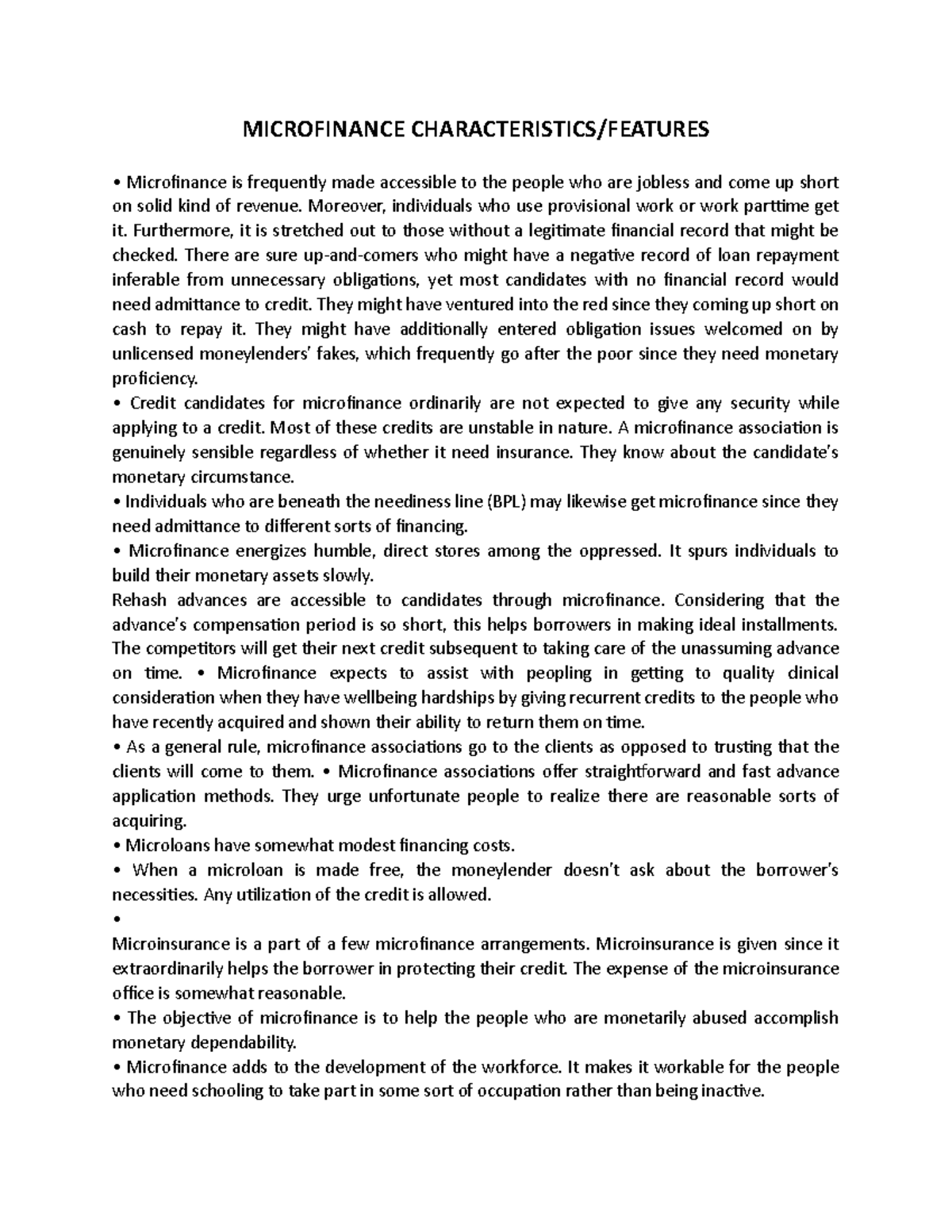 Microfinance Characteristics - MICROFINANCE CHARACTERISTICS/FEATURES ...