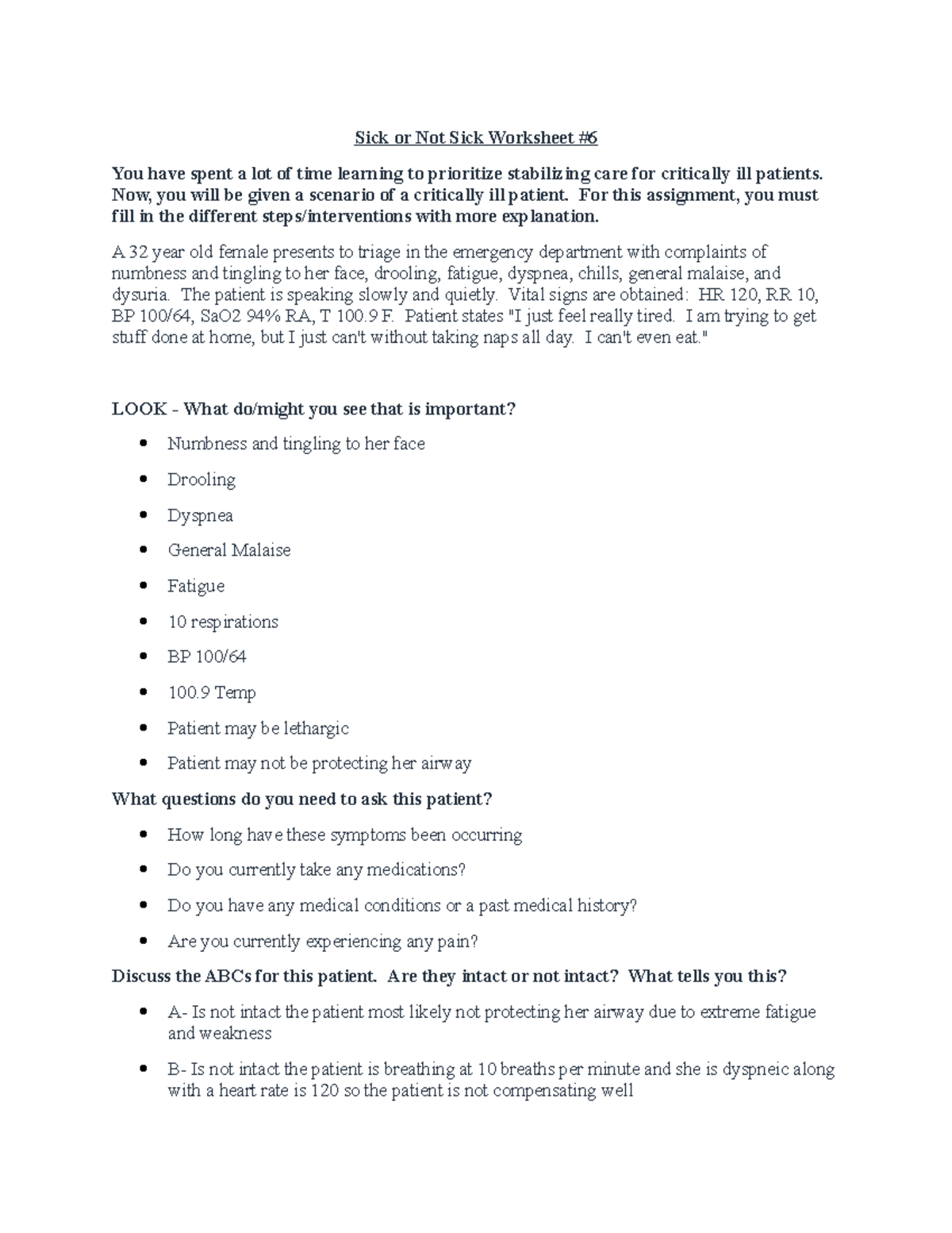 Sick or Not Sick Worksheet 6 - Now, you will be given a scenario of a ...