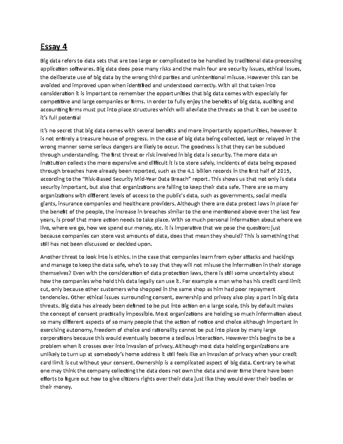 Document - Simple notes. - Essay 4 Big data refers to data sets that ...