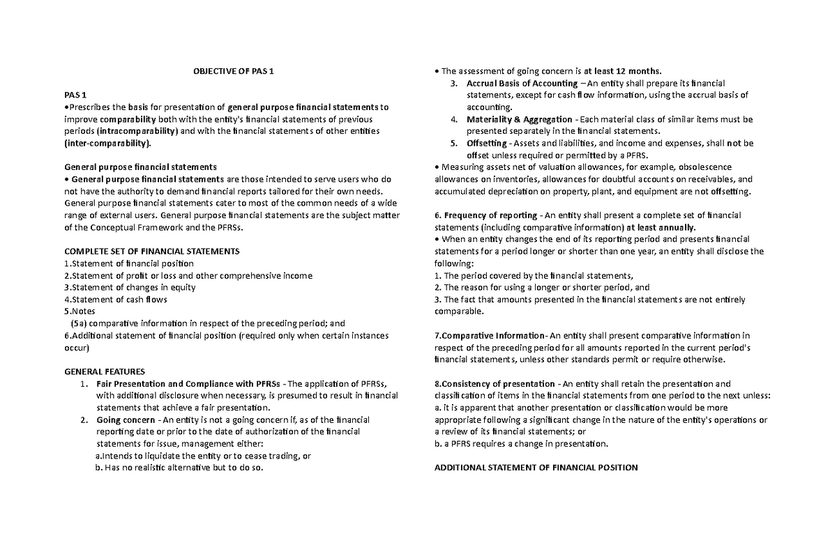 P - Lecture notes - OBJECTIVE OF PAS 1 PAS 1 •Prescribes the basis for ...