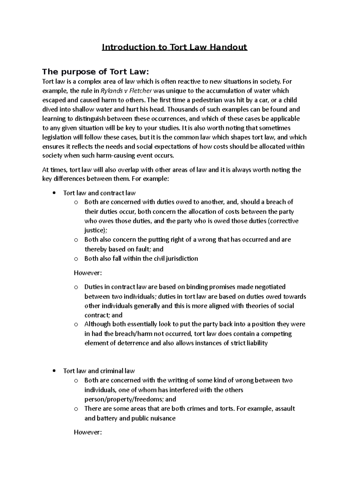 Introduction to Tort Law Handout - For example, the rule in Rylands v ...