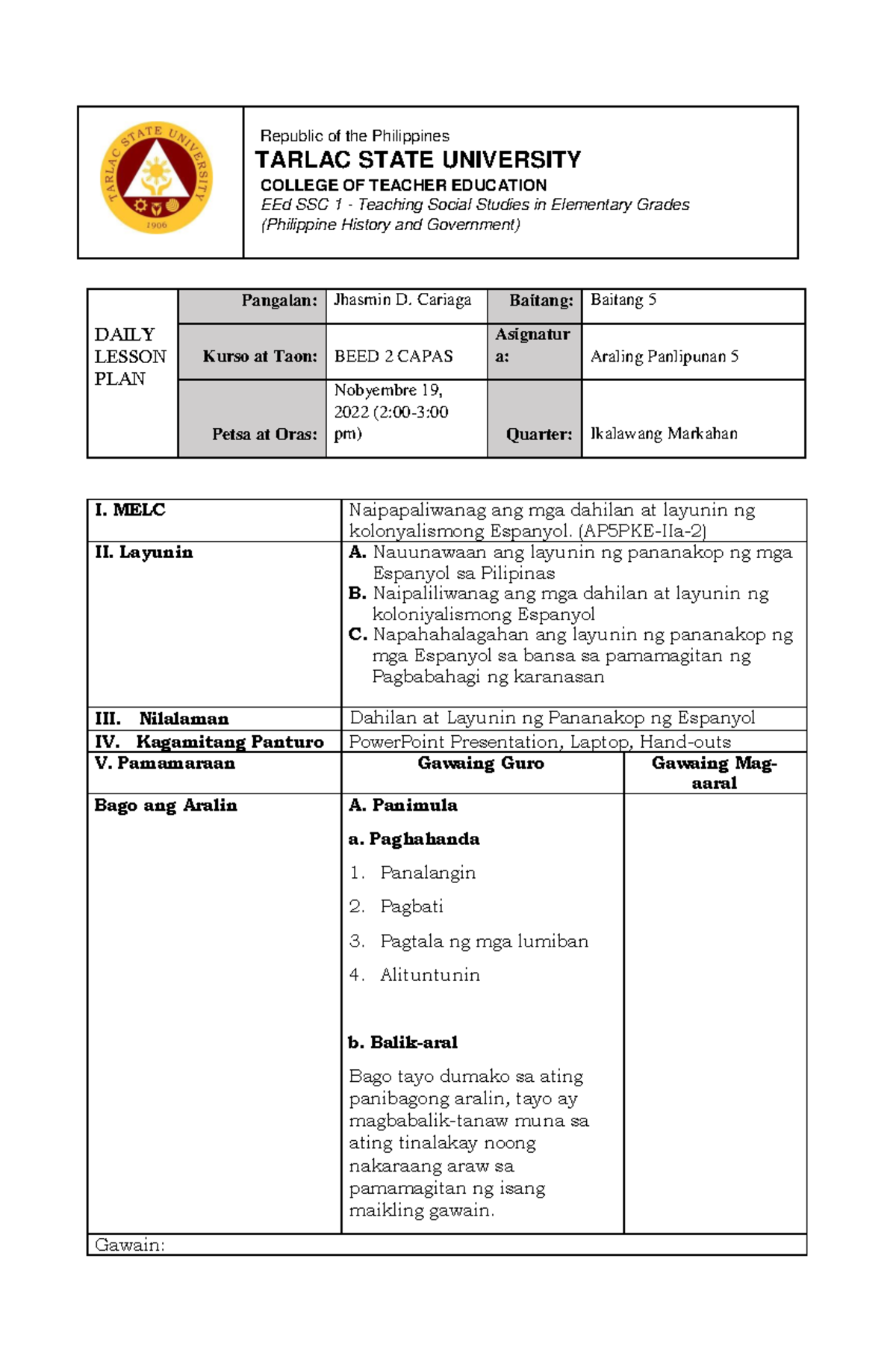 Cariaga, Jhasmin-DLP - Social Sciences Lesson Plan - Republic of the ...