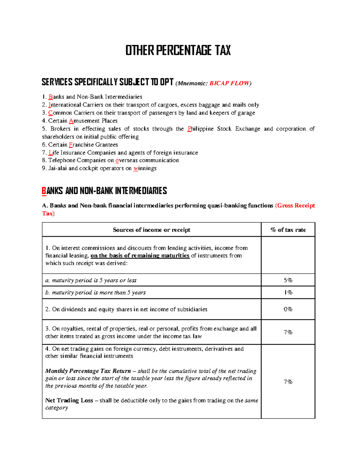 Notes OPT - BUSINESS TAX - OTHER PERCENTAGE TAX SERVICES SPECIFICALLY ...