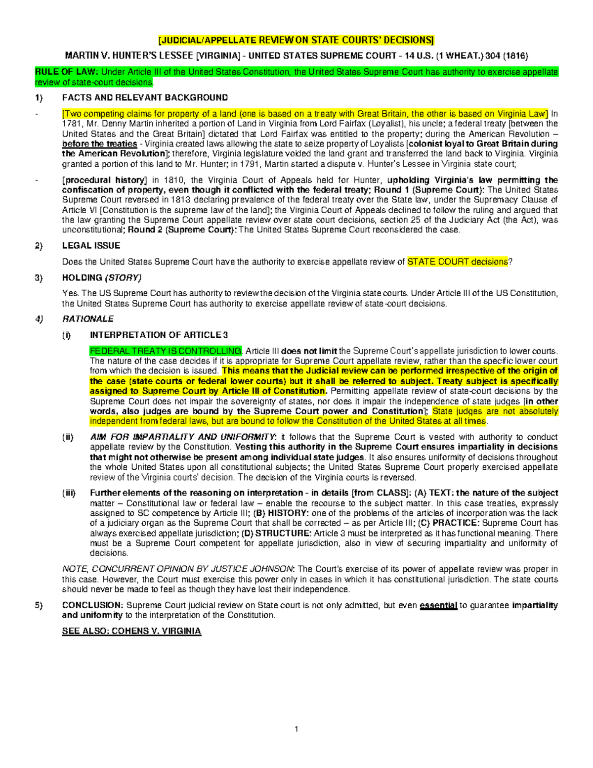 SET OF DETAILED CASE BRIEFS & class notes Martin Hunter v. Virginia ...