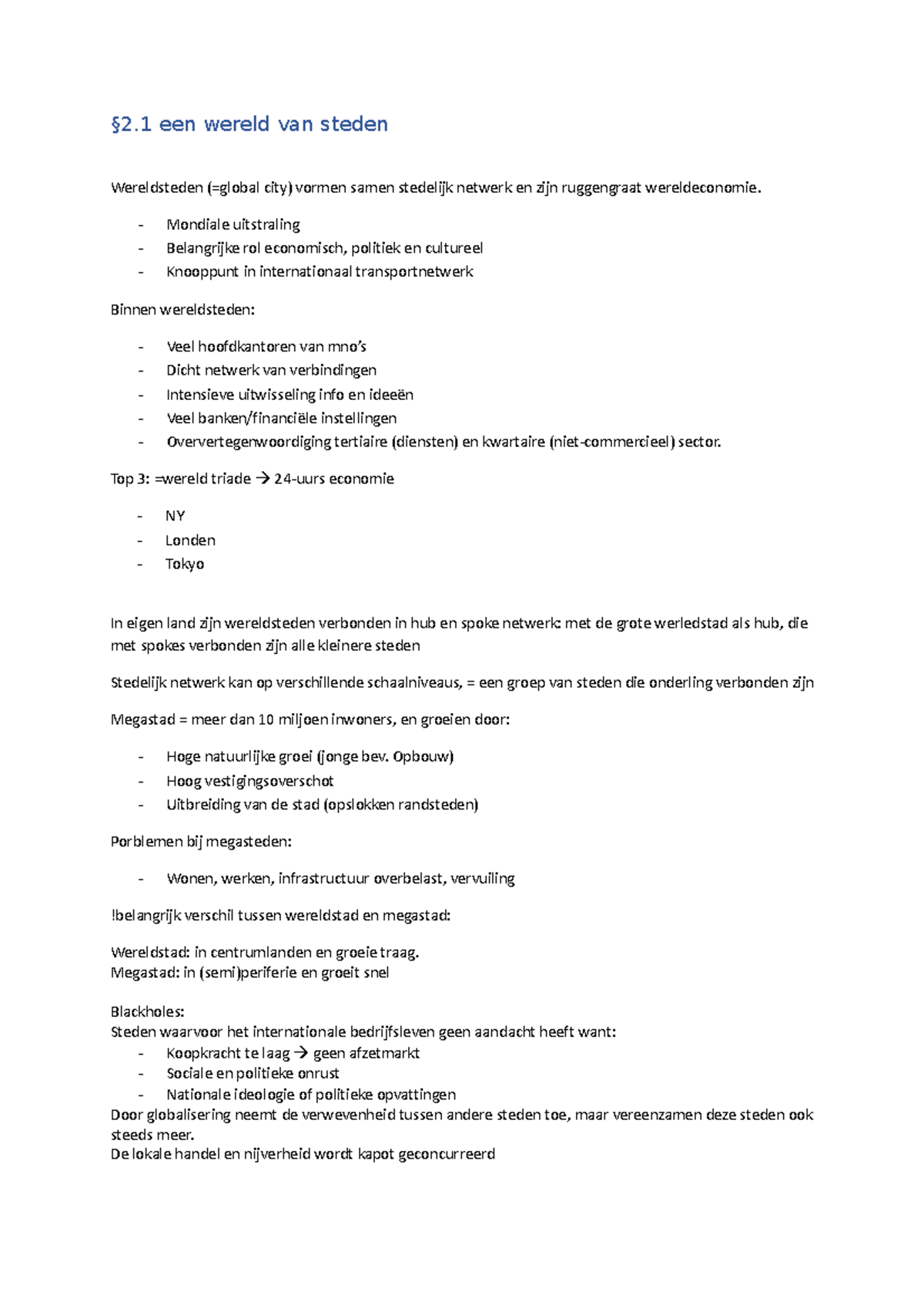 Aardrijkskunde H2 klas 6 - §2 een wereld van steden Wereldsteden ...