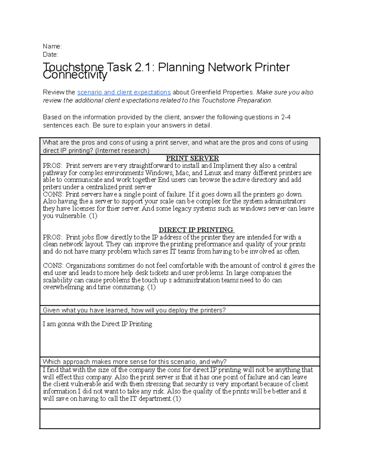 222Touchstone Task 2.1 Planning Network Printer Connectivity Questions ... 222Touchstone Task 2.1 Planning Network Printer Connectivity Questions ...